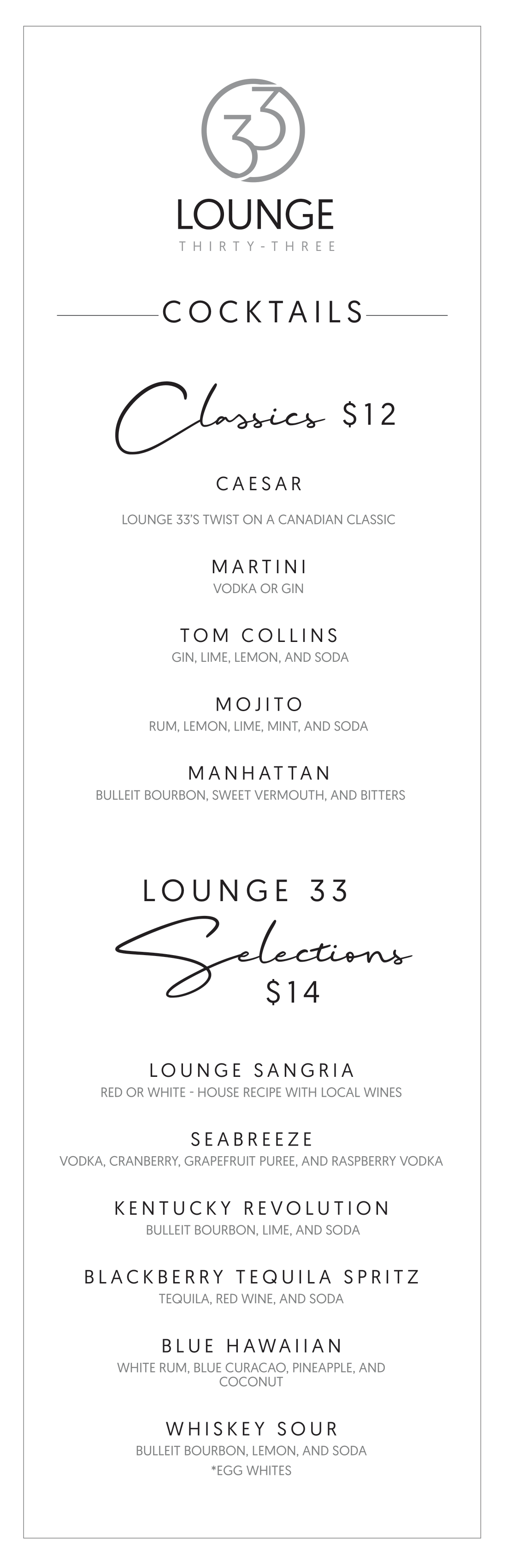 Menus | Capitol + Lounge Thirty Three
